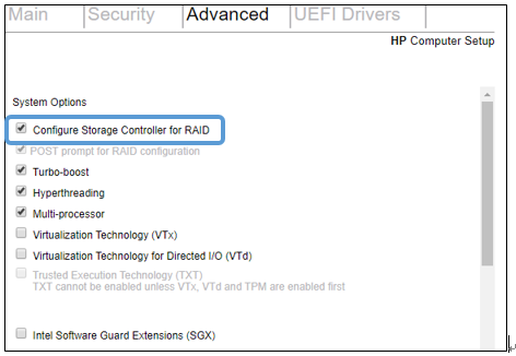 F10 BIOS 진입 후 Configure Storage Controller for RAID 활성화